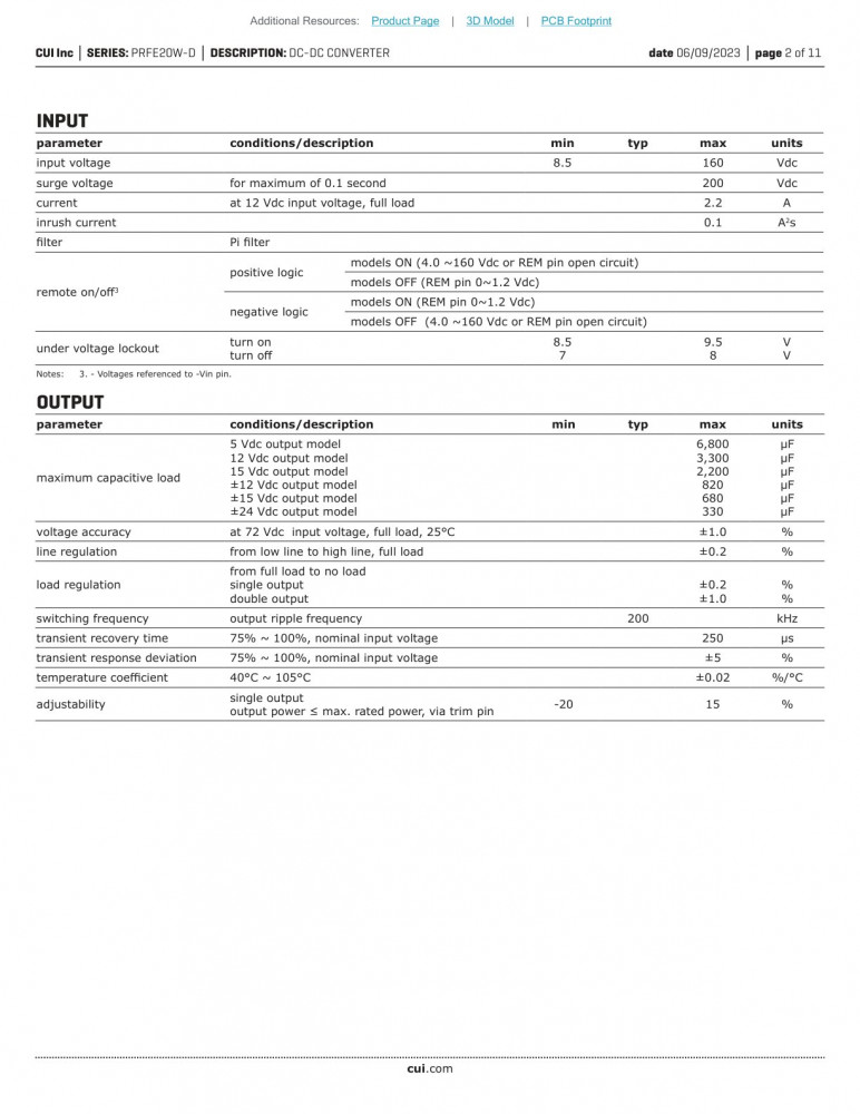 PRFE20W-D datasheet page 2