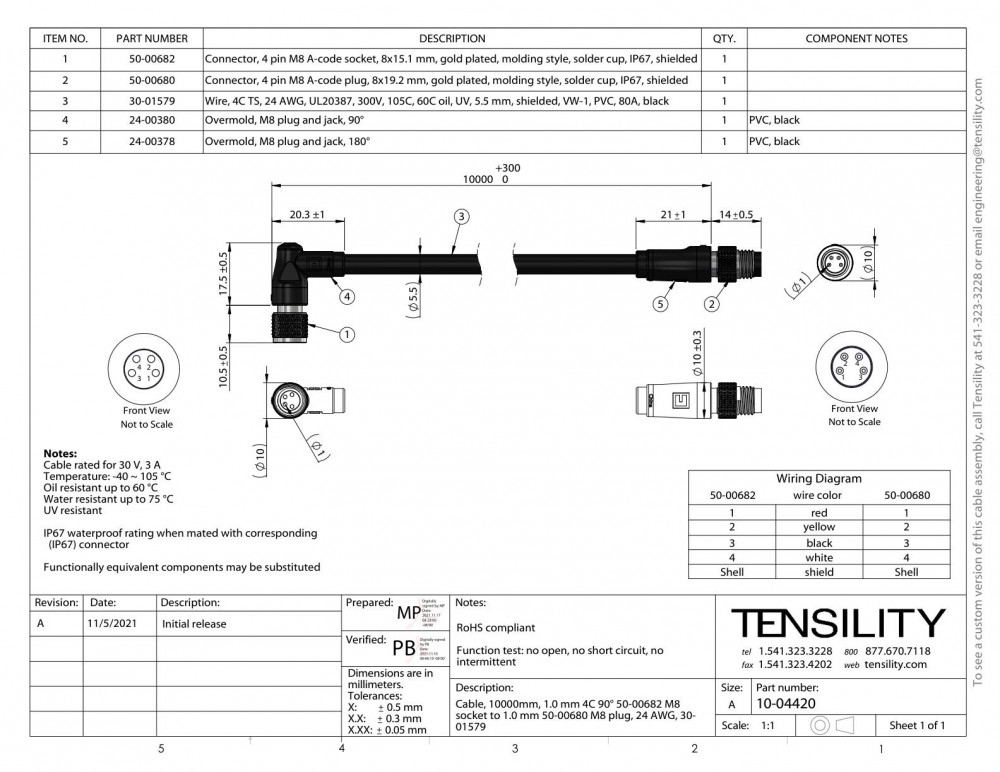 Tensility International 10-04420 product drawing and cable assembly documentation