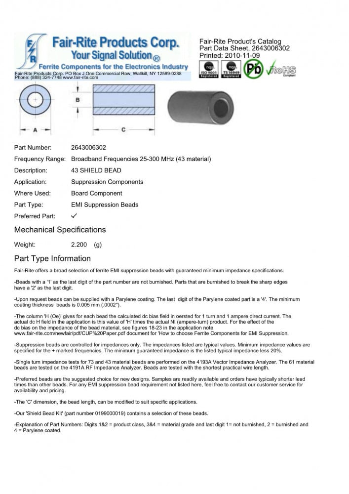 Fair-Rite 2643006302 datasheet page 1