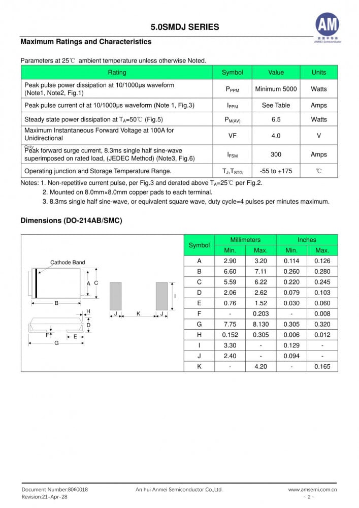 5.0SMDJ60CA/T7 datasheet page 2