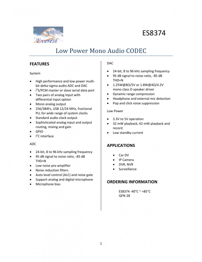 ES8374 datasheet page 1