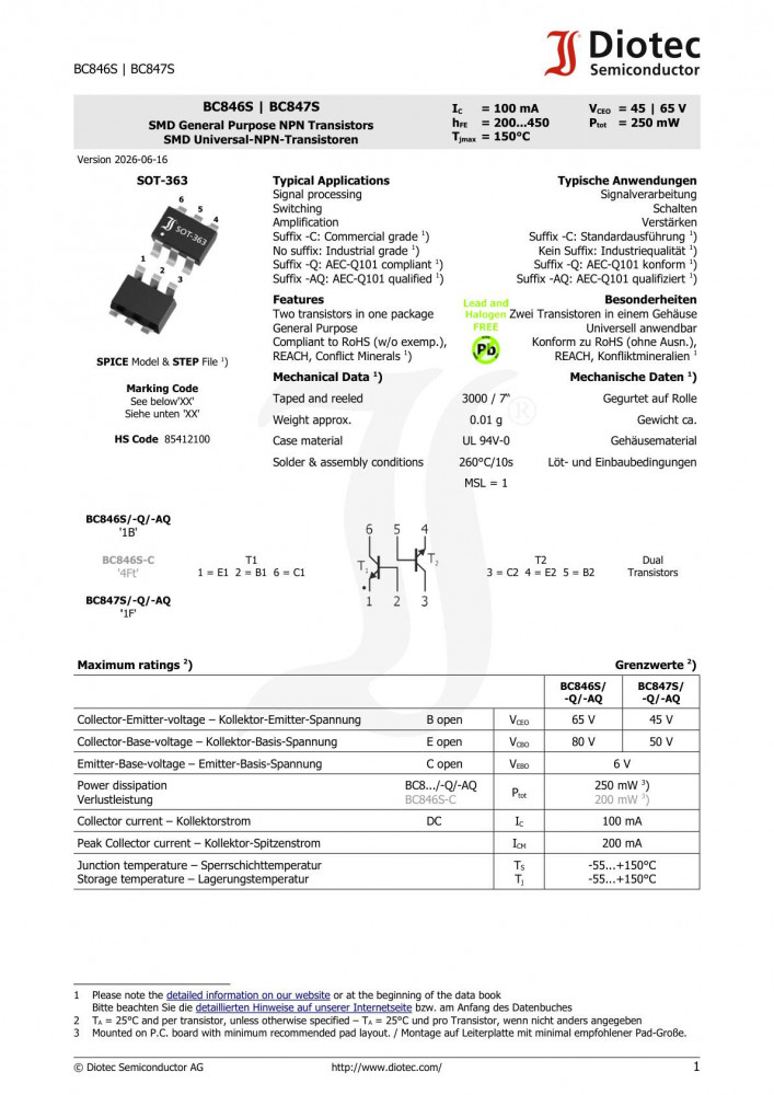 BC847S technical document page 1