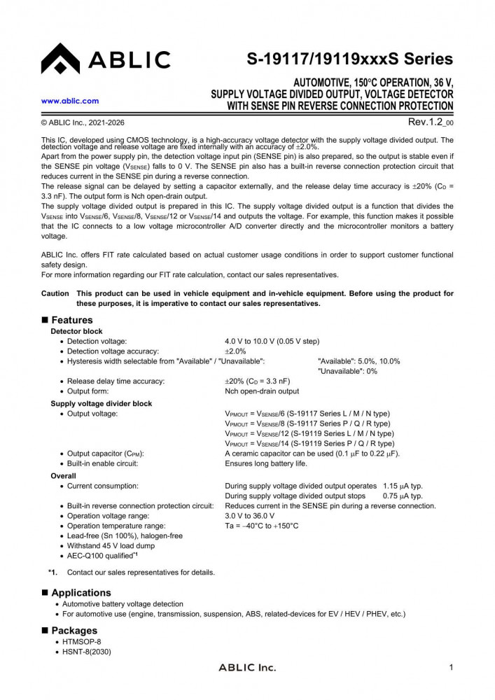 ABLIC S-19117/19119 series documentation page 1