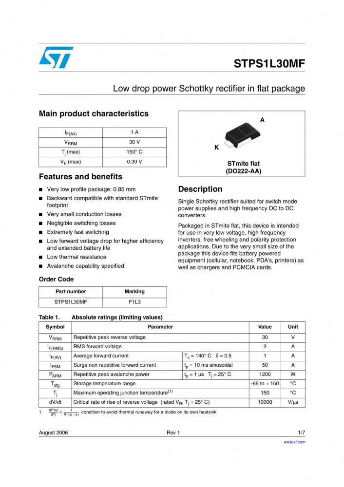 STPS1L30MF datasheet page 1