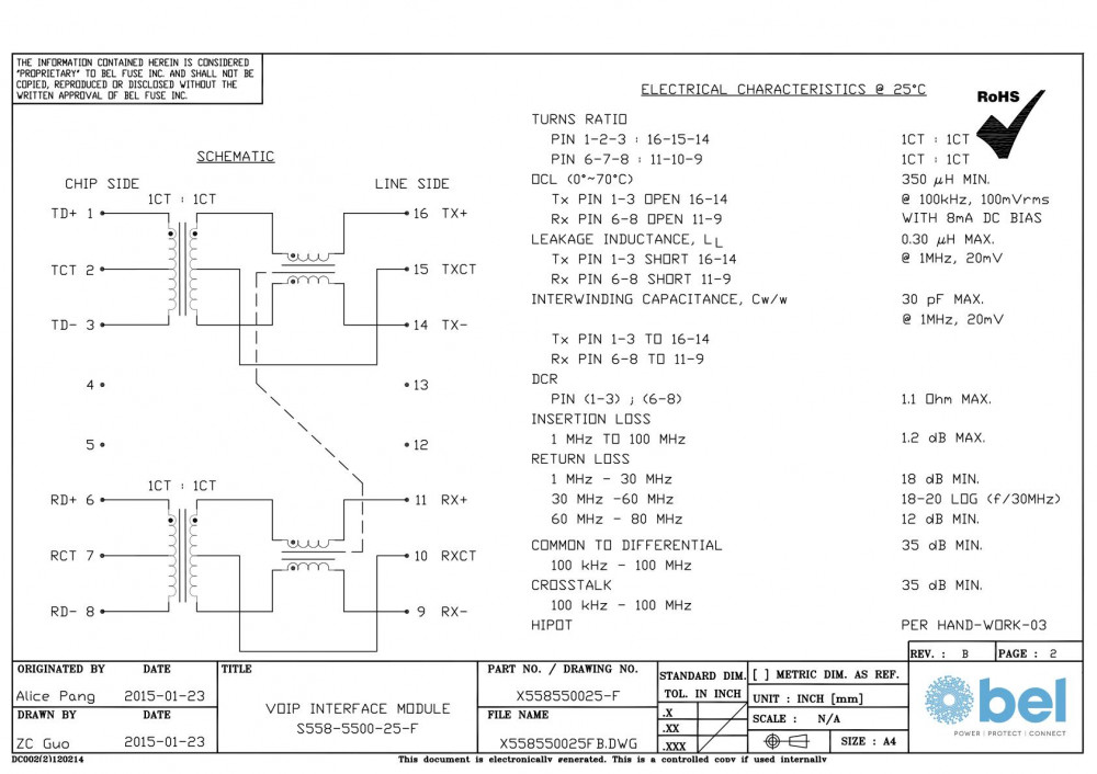 Bel Fuse S558-5500-25-F technical drawing page 1
