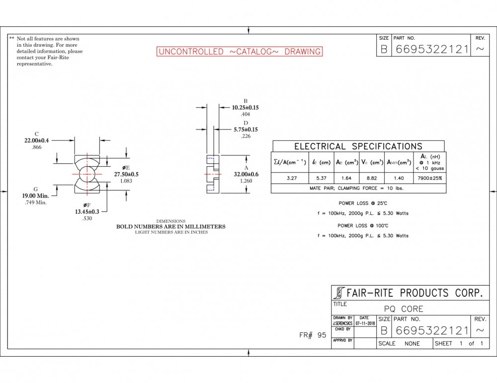 Fair-Rite 6695322121 PQ core drawing
