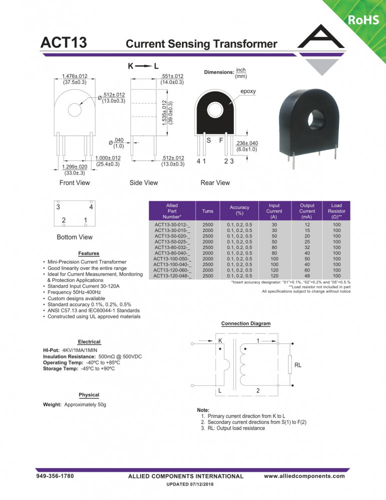 ACT13 current transformer product documentation drawing