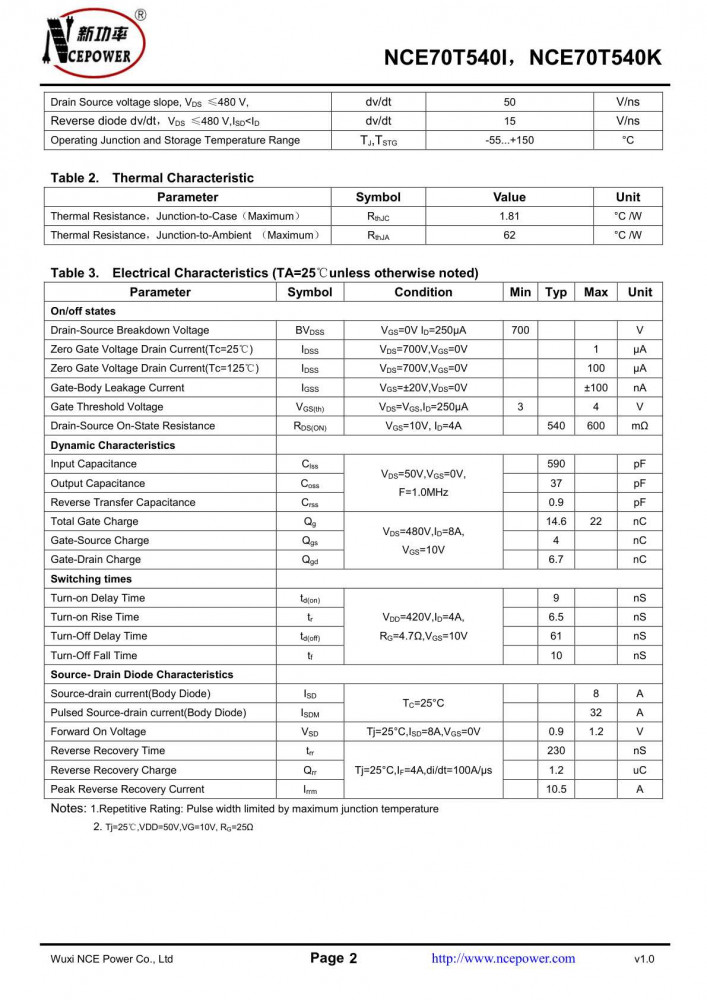 NCE70T540K datasheet page 2
