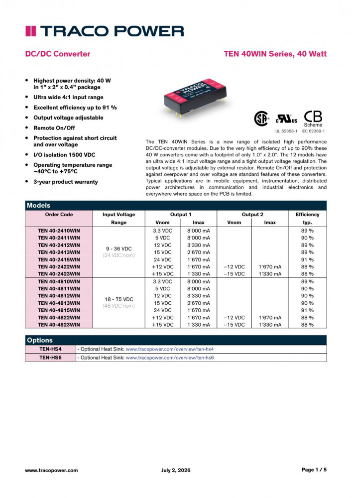 TEN 40WIN Series datasheet page 1