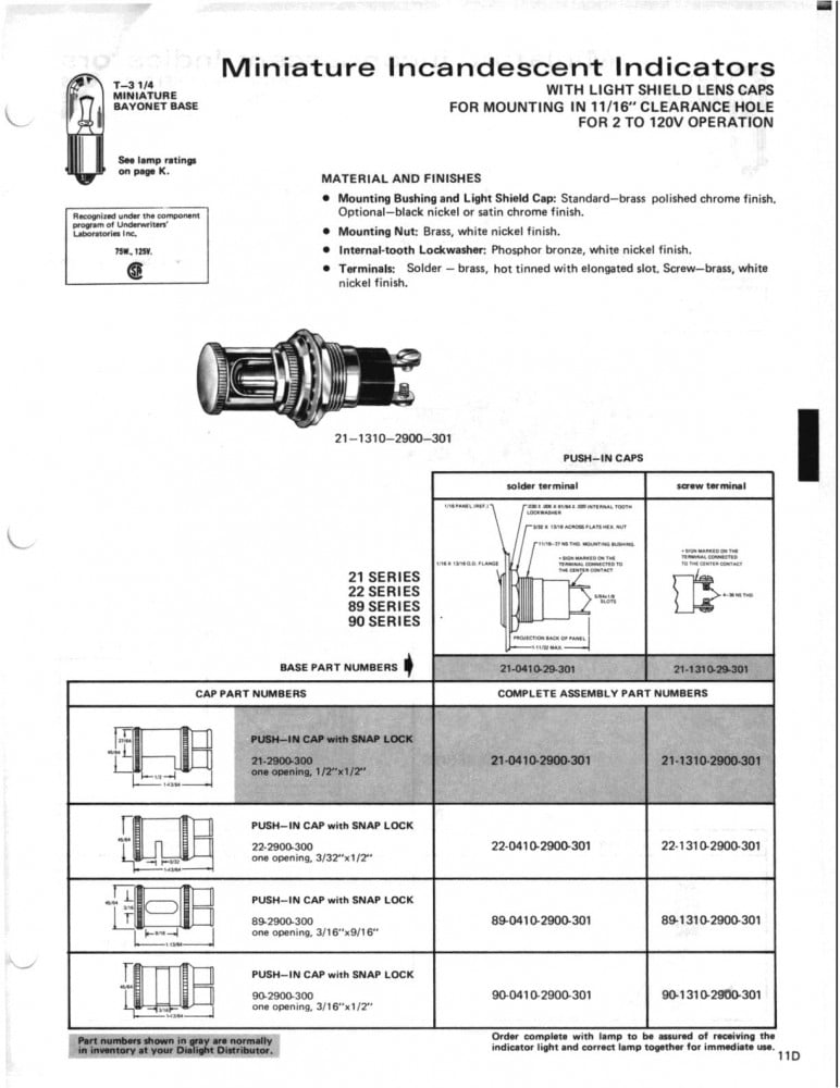 Dialight miniature incandescent indicator document page 1