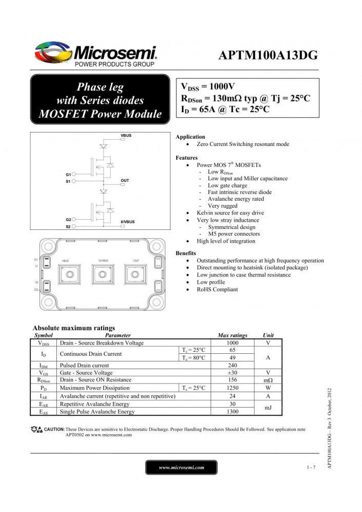 APTM100A13DG technical document page 1