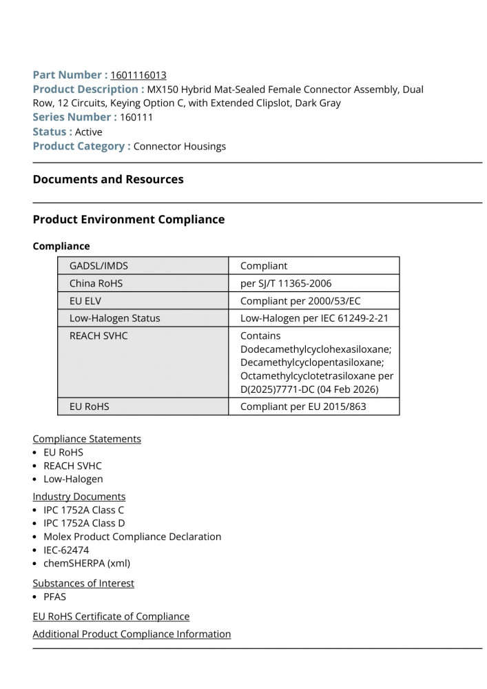 MOLEX 1601116013 product document page 1