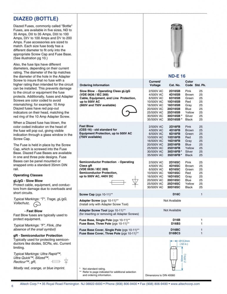Altech Diazed fuse catalog page one