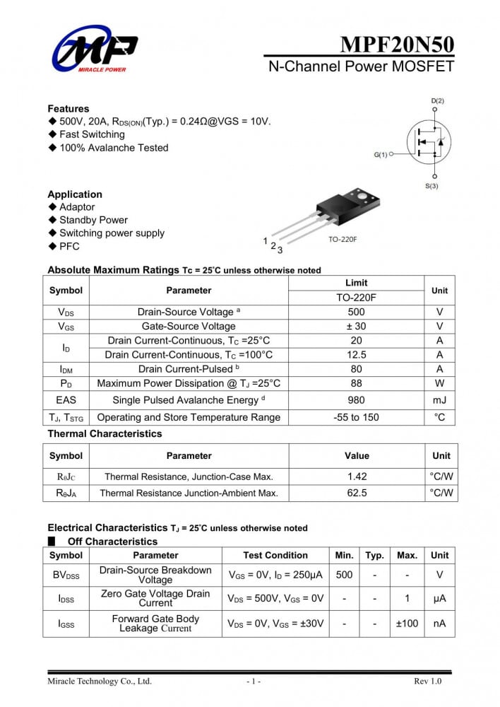 MPF20N50 datasheet page 1