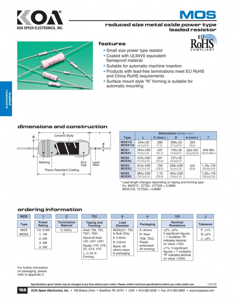 KOA MOS5 resistor datasheet page 1