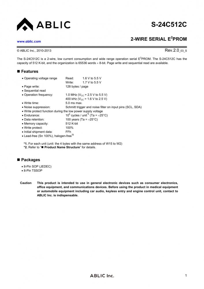 ABLIC S-24C512C datasheet page 1