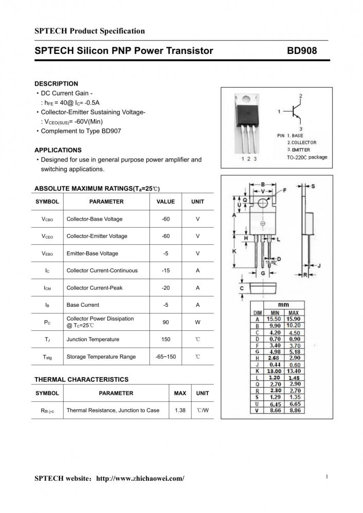 SPTECH BD908 datasheet page 1