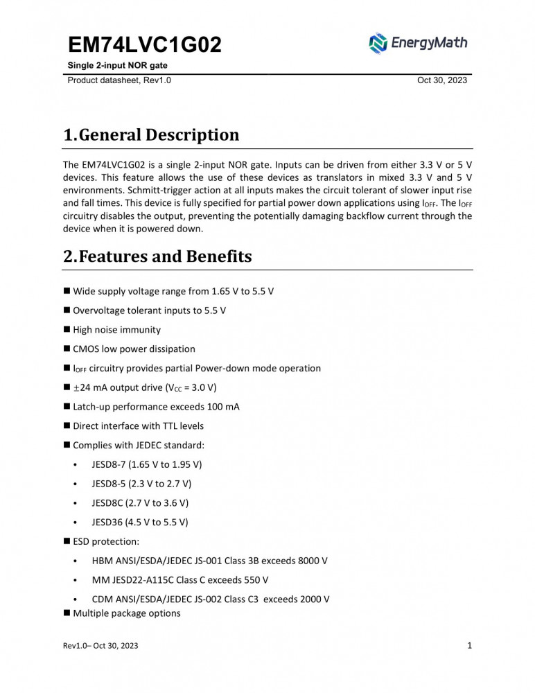 EM74LVC1G02GX datasheet page 1