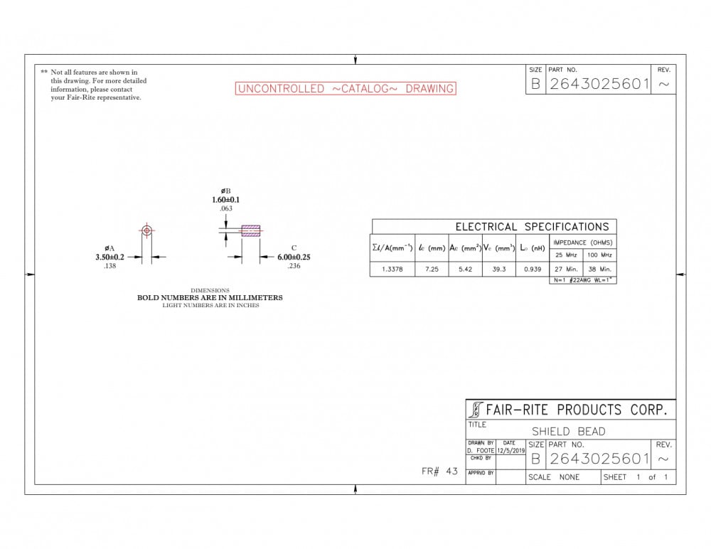 Fair-Rite 2643025601 technical document page