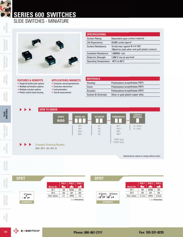 E-Switch Series 600 slide switch datasheet page 1