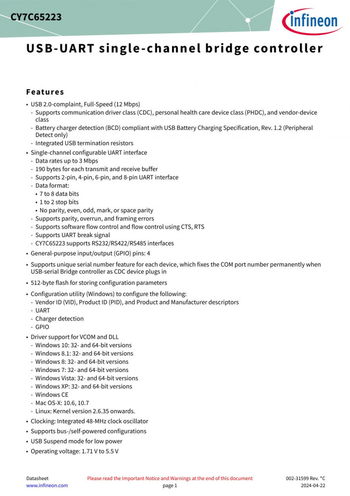 CY7C65223 technical document page 1
