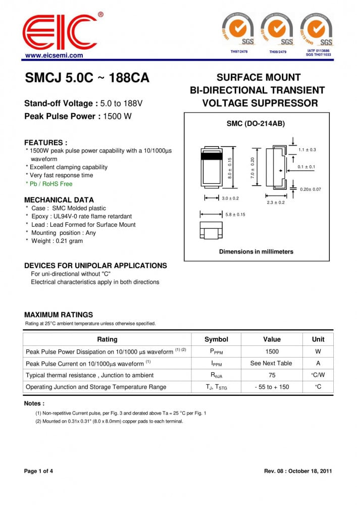 EIC SMCJ series datasheet page 1