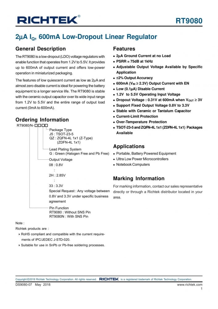 RT9080 datasheet page 1