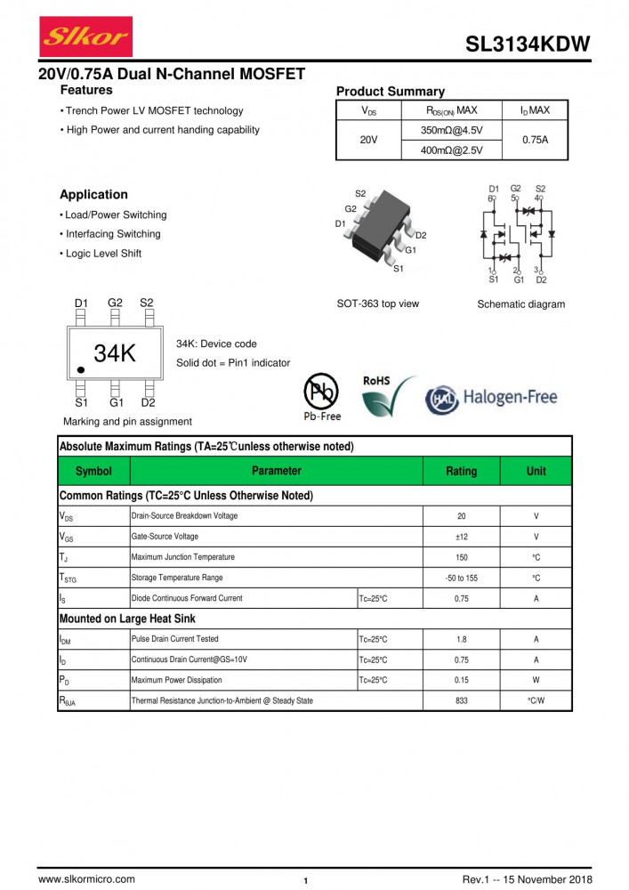 SL3134KDW datasheet page 1