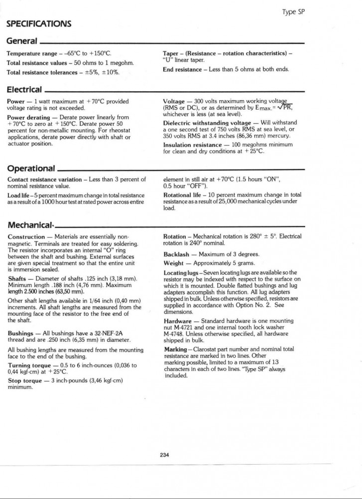 Honeywell Type SP potentiometer documentation page 2