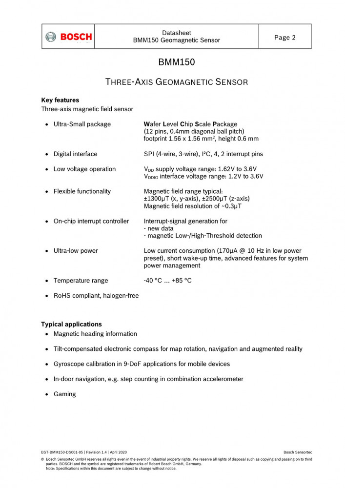 BMM150 datasheet preview, page 2