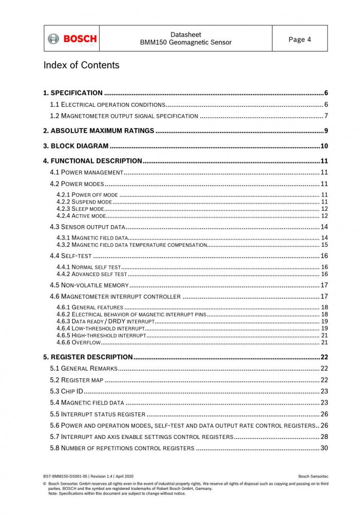 BMM150 datasheet preview, page 4