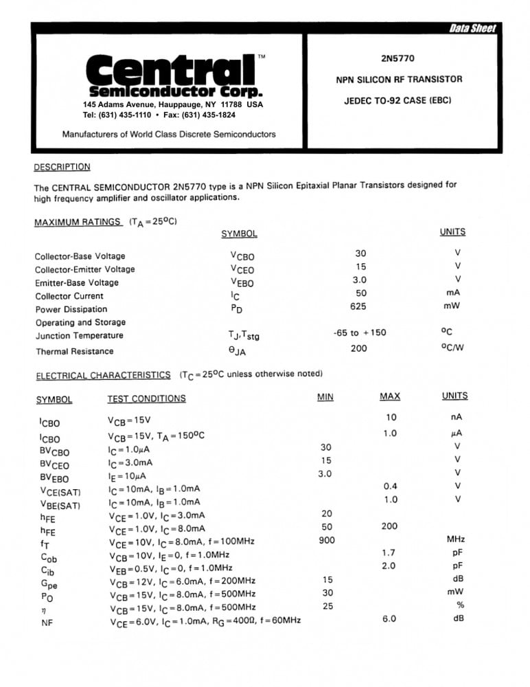 Central 2N5770 PBFREE technical document page 1