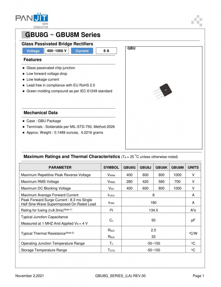 PANJIT GBU8M series datasheet page 1