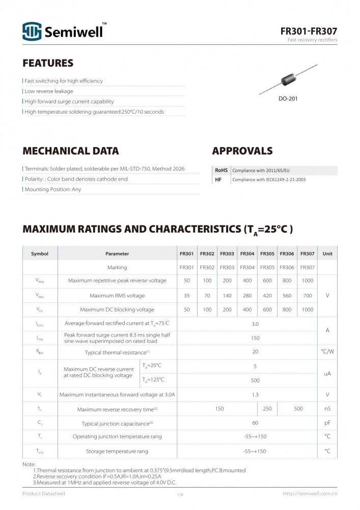 FR305 datasheet preview, page 1