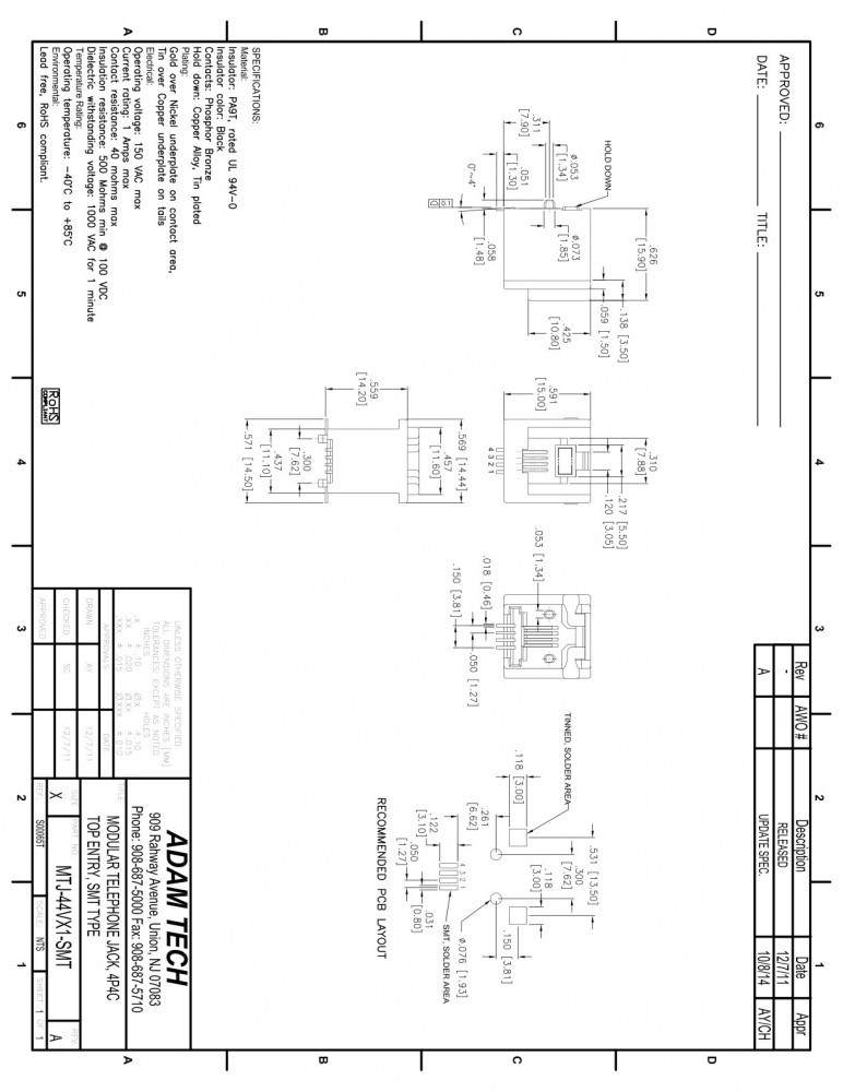ADAM TECH MTJ-44VX1-SMT 4P4C top-entry SMT modular telephone jack drawing