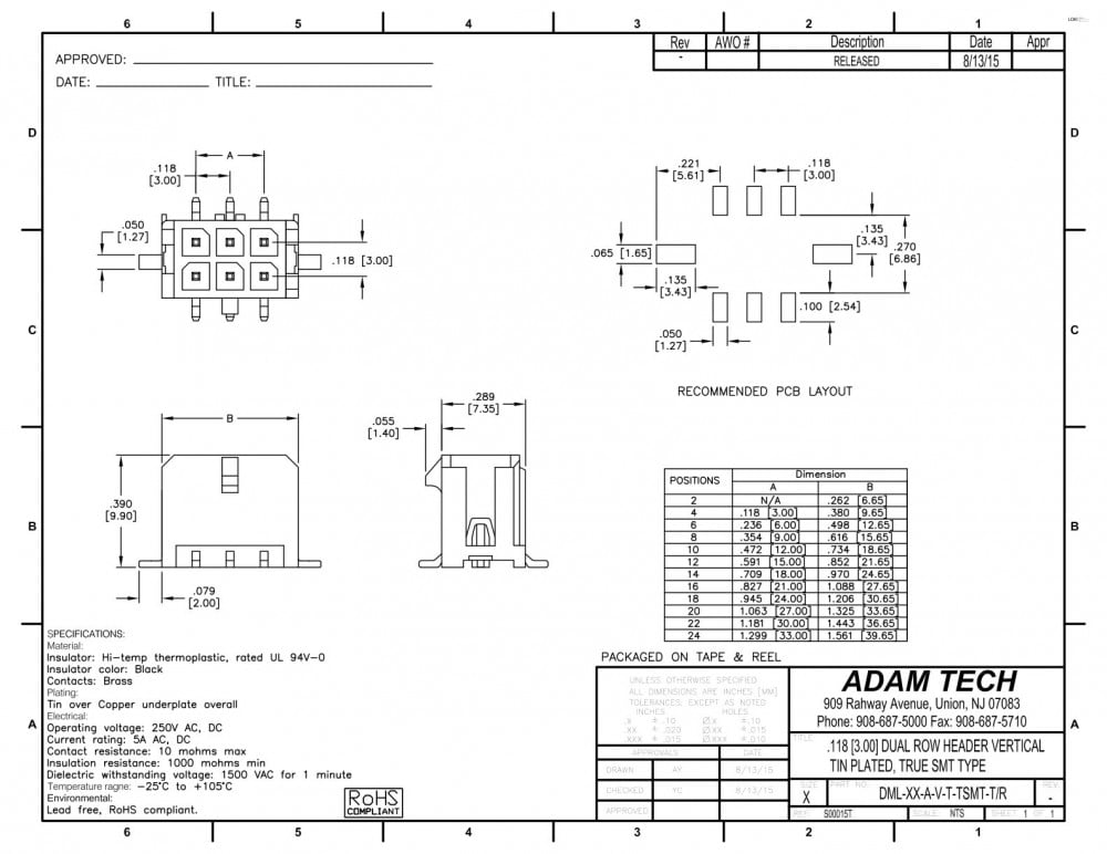 ADAM TECH DML-10-A-V-T-TSMT-T/R technical drawing