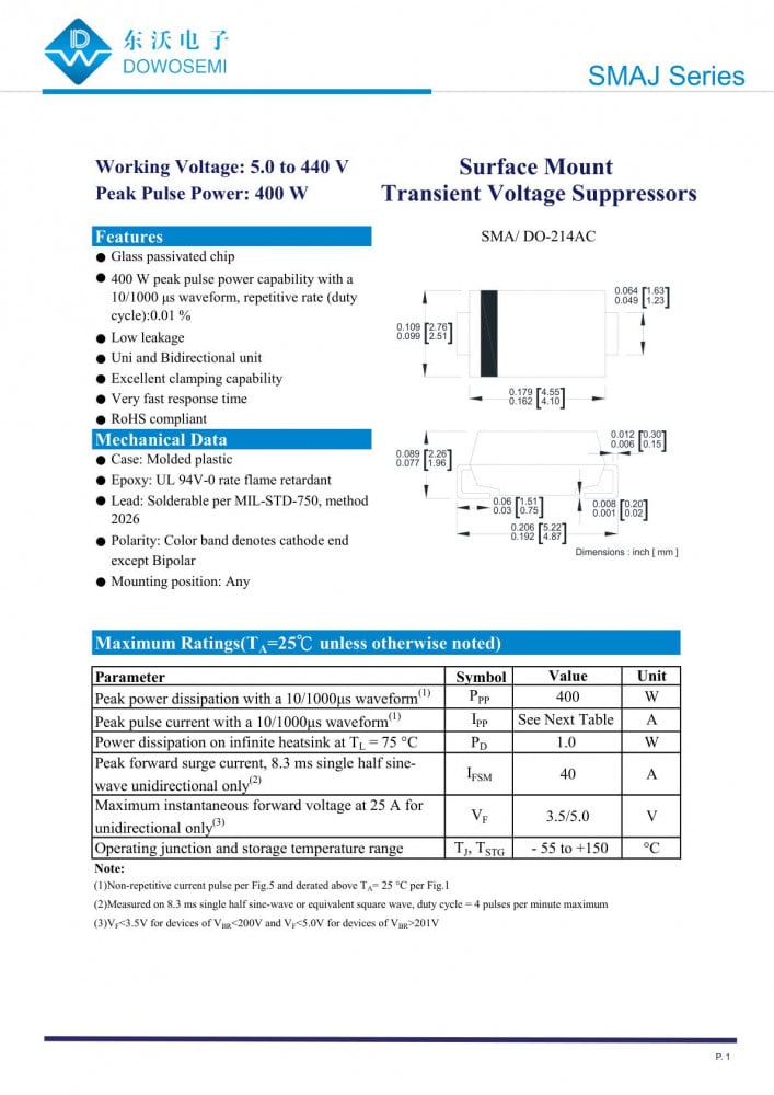 DOWO SMAJ series datasheet page 1