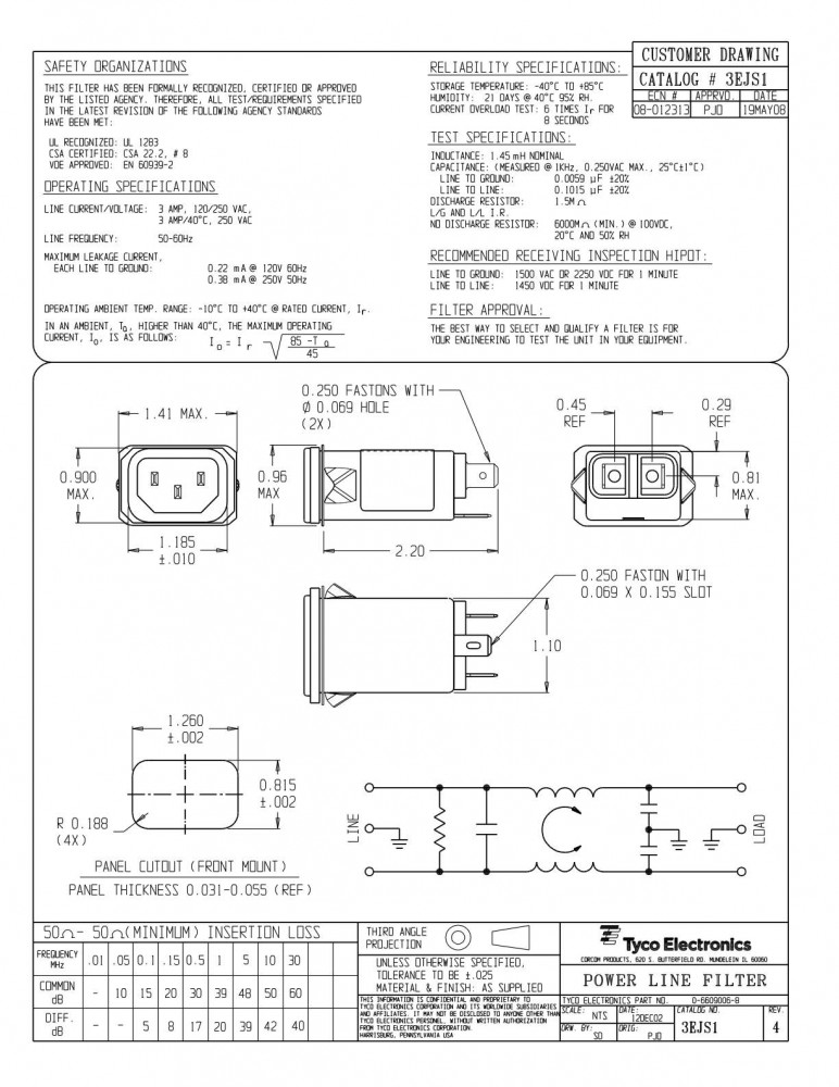 TE Connectivity 3EJS1 power line filter technical drawing