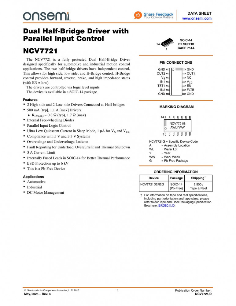 NCV7721 technical document page 1