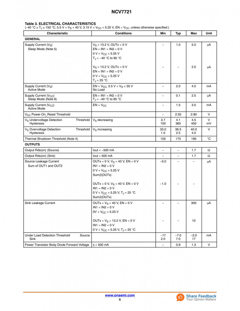 NCV7721 technical document page 5