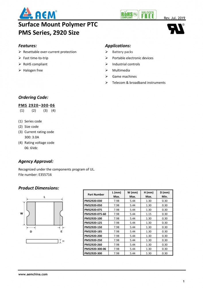 AEM PMS series datasheet page 1