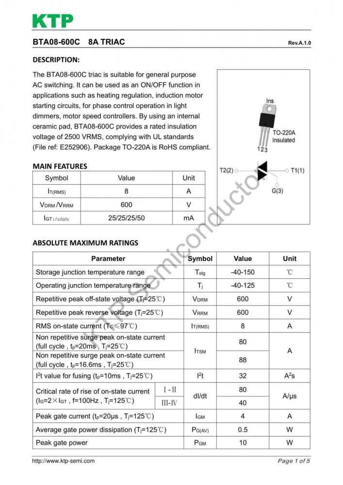 BTA08-600C datasheet page 1