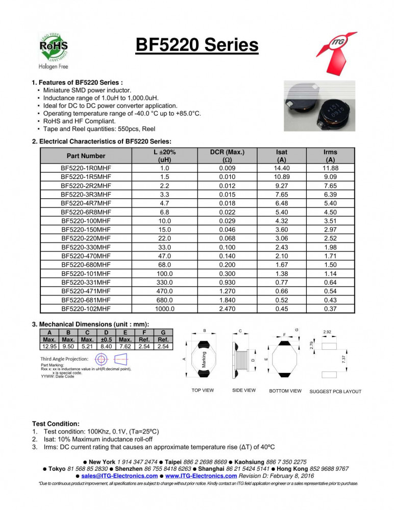 ITG Electronics BF5220 series datasheet preview
