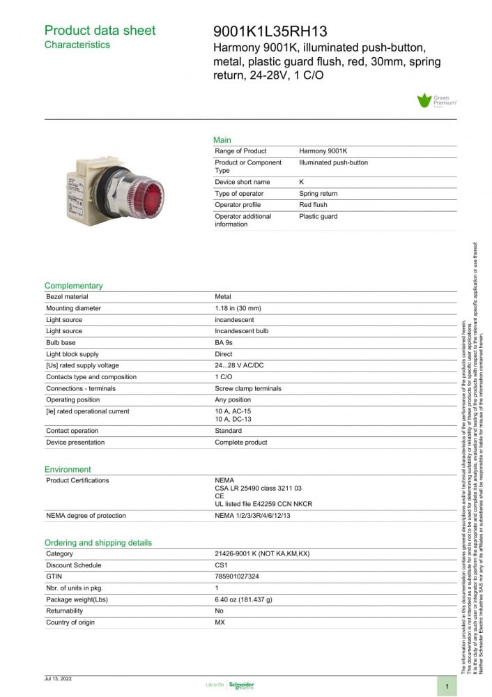 9001K1L35RH13 technical document page 1