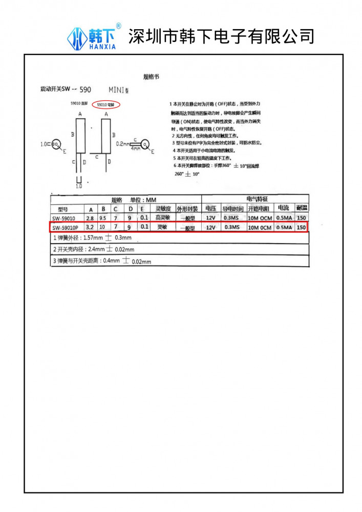 HX SW-59010P-WJ SW-590 MINI specification page