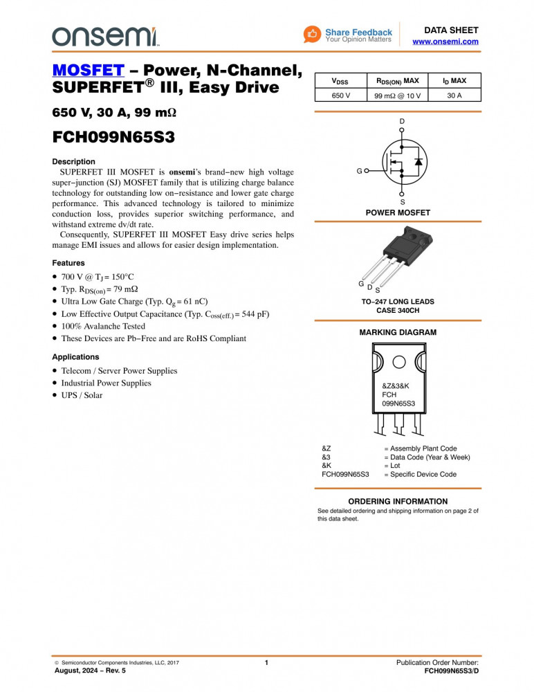 FCH099N65S3 datasheet page 1