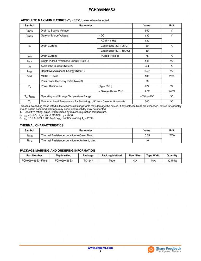 FCH099N65S3 datasheet page 2