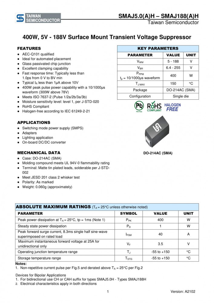 SMAJ45H datasheet page 1