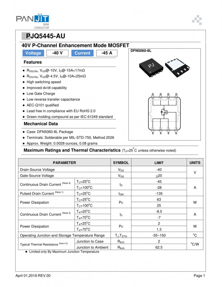 PJQ5445-AU datasheet page 1