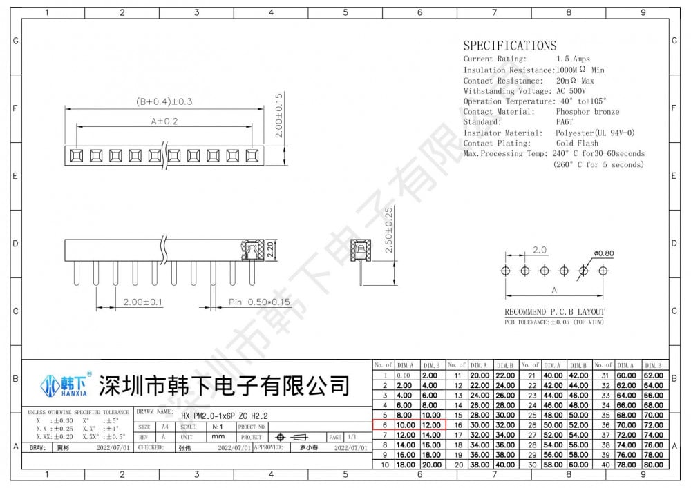 HANXIA HX PM2.0-1x6P ZC H2.2 product drawing